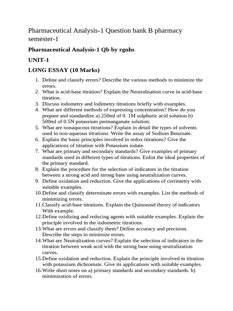 Pharmaceutical Analysis Sem 1 QB | PDF