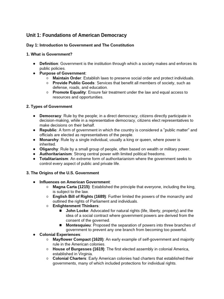 AP Gov Unit 1 - Foundations of American Democracy Notes | PDF