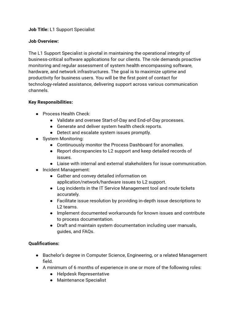 L1 Support Specialist | PDF