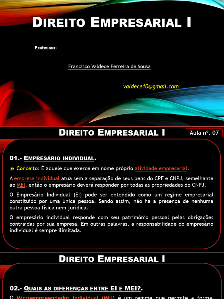 Dir Emp. Aula 07. Do Empresário Individual | PDF