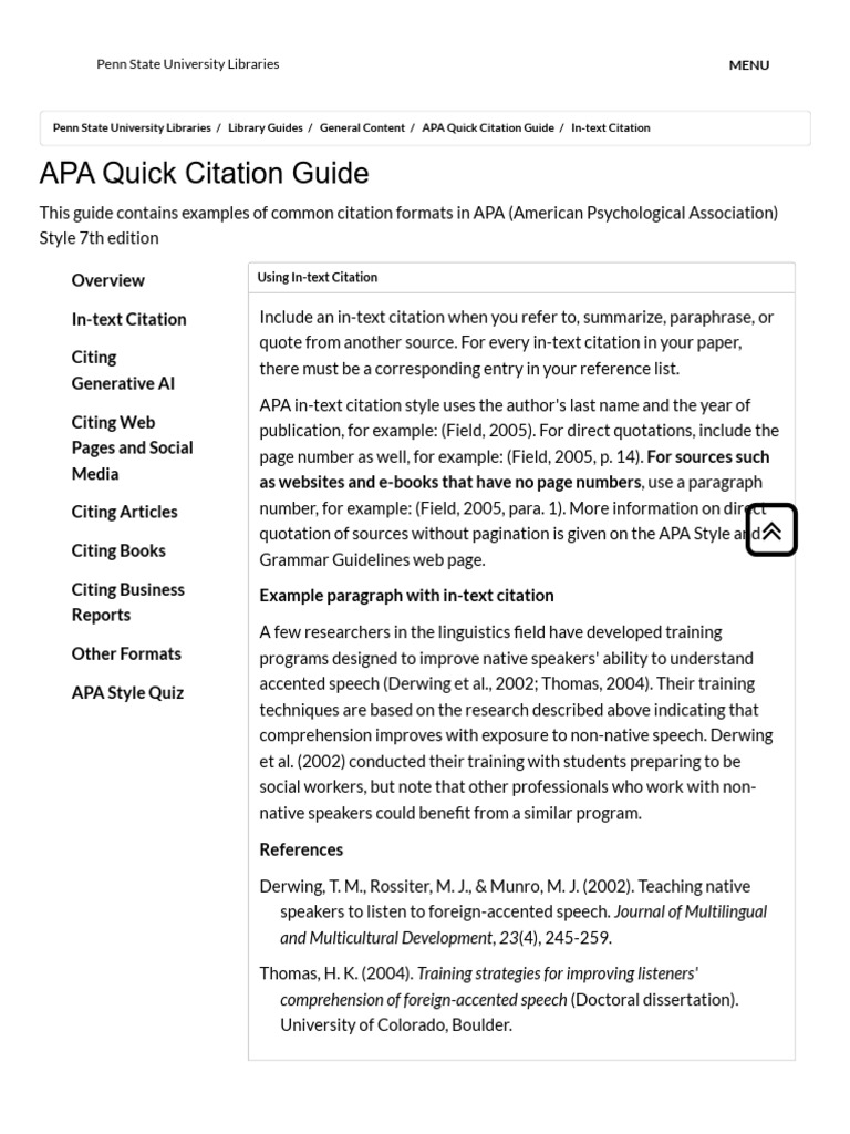 In-Text Citation - APA Quick Citation Guide - Library Guides at Penn ...