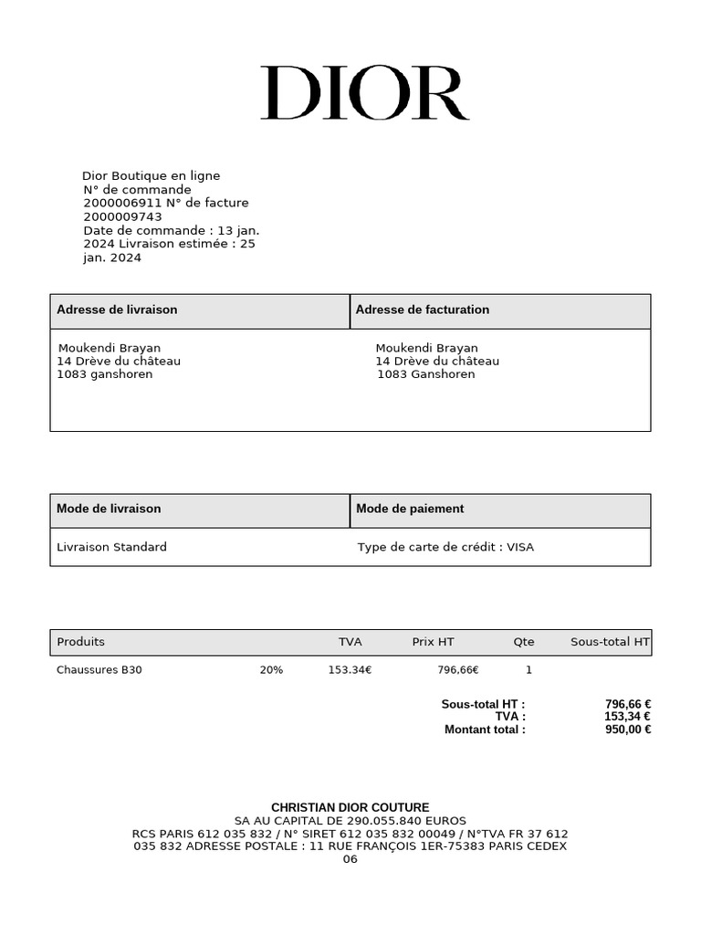 MOUKENDI Facture Dior b30 | PDF