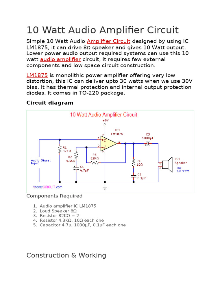 10 Watt Audio Amplifier Circuit | PDF