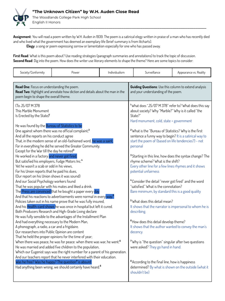 The Unknown Citizen Close Read | PDF