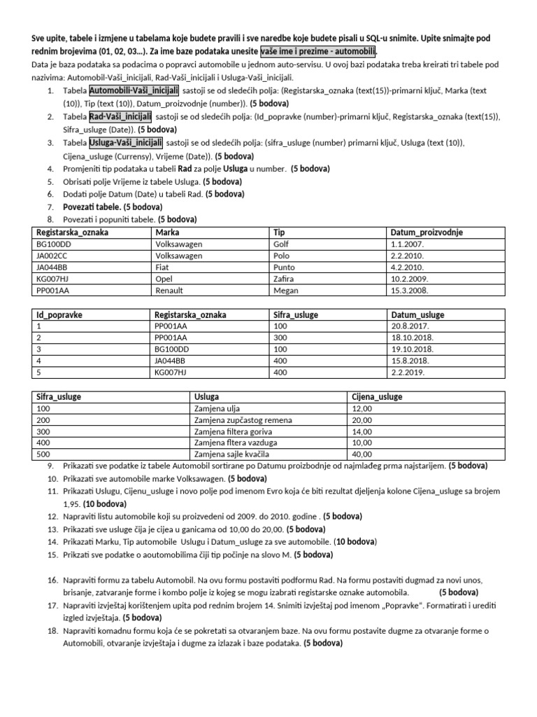 02 Automobili - Kreiranje Baze Podataka Pomoću SQL | PDF