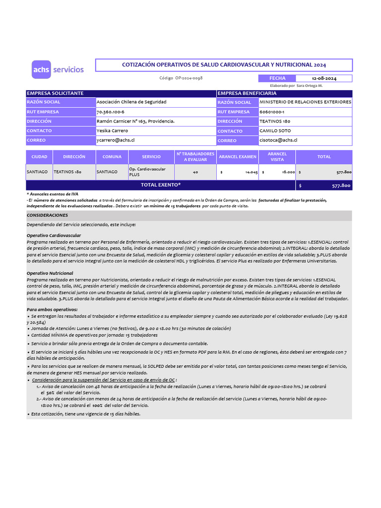 Cotización Operativos de Salud Achs - Cardiovascular - Minrel 12.08.24 ...