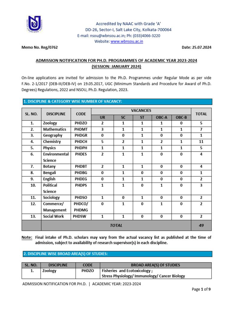Admission - Notification - PHD - For AY - 2023 - 2024 - January - 2024 | PDF