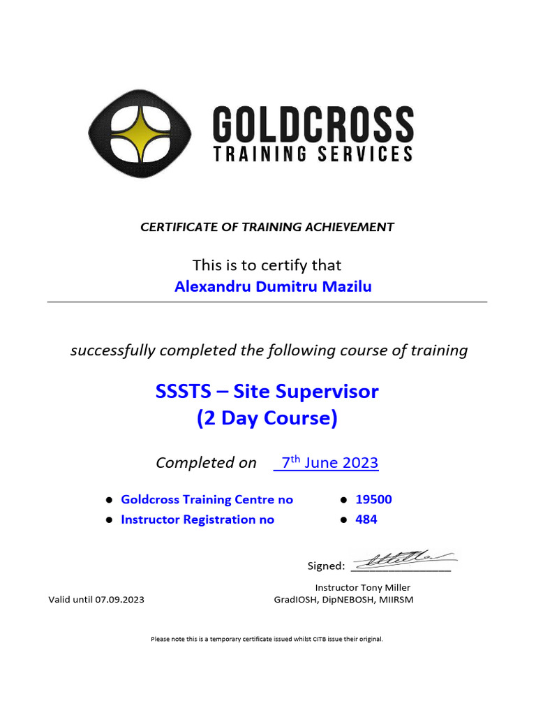 SSSTS - Site Supervisor Course - Temporary Certificate - Alexandru ...