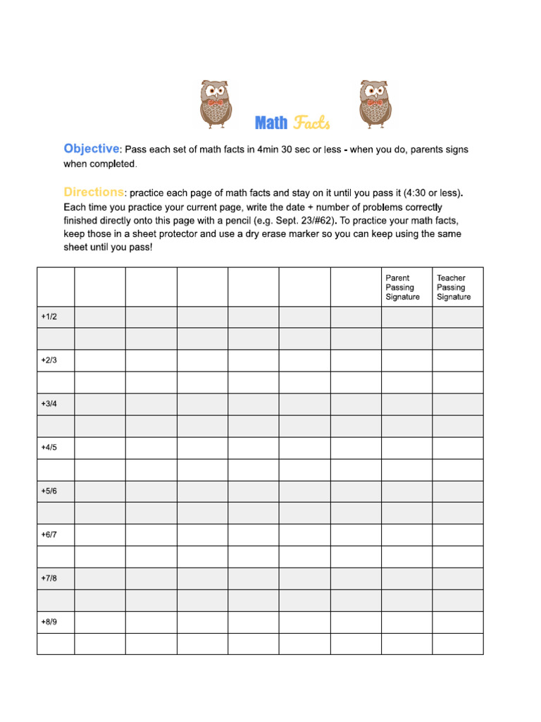 Add Sub Student Math Fact Tracker | PDF