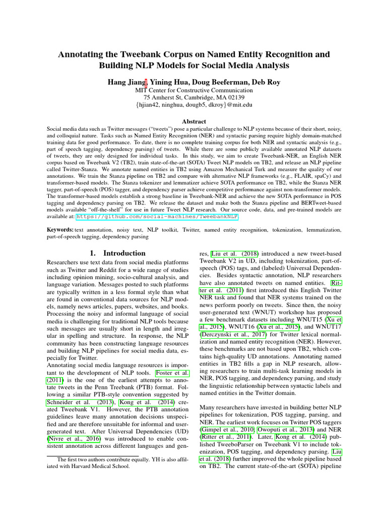Annotating The Tweebank Corpus On Named Entity Recognition and | PDF