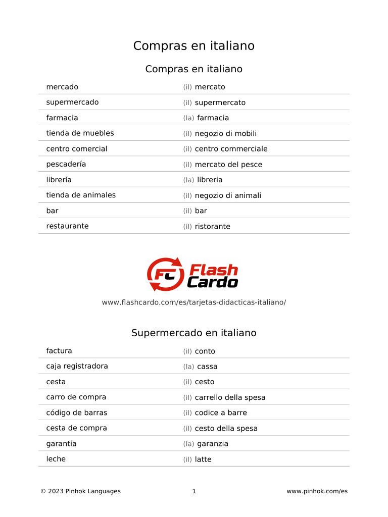 Vocabulario de Compras en Italiano | PDF | Alimentos | Hogar, jardinería y bricolaje