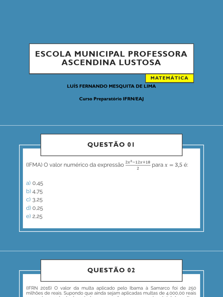 Questões - Expressões Numéricas e Expressões Algébricas | PDF | Métodos e Materiais de Ensino