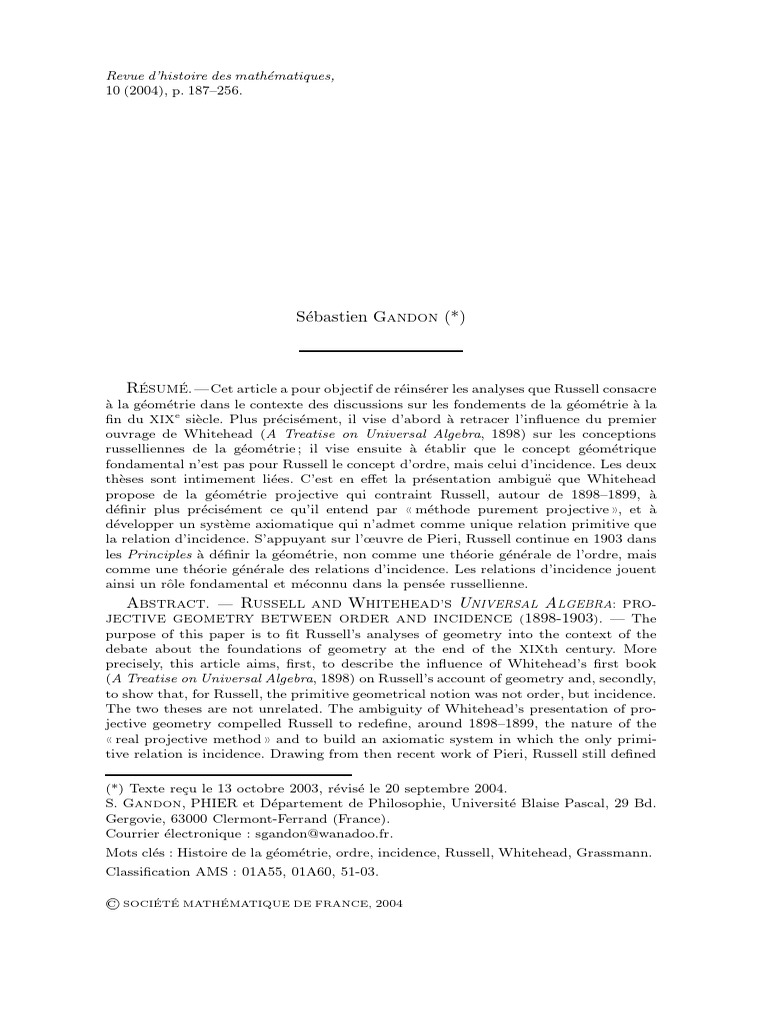 Gandon - Russell Et L'universal Algebra de Whitehead La Geometrie Projective Entre Ordre Et ...