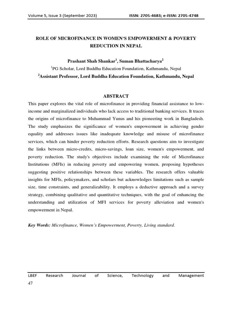 Role of Microfinance in Women 'S Empowerment & Poverty Reduction in ...