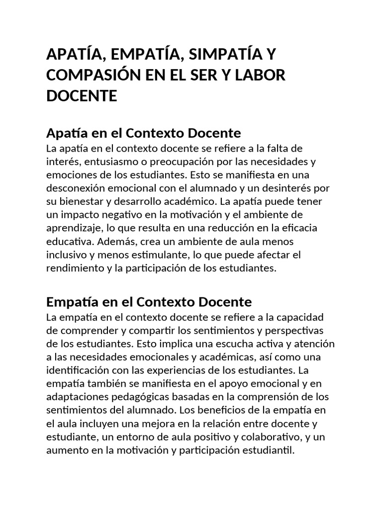Apatía, Empatía, Simpatía y Compasión en El Ser y Labor Docente | PDF