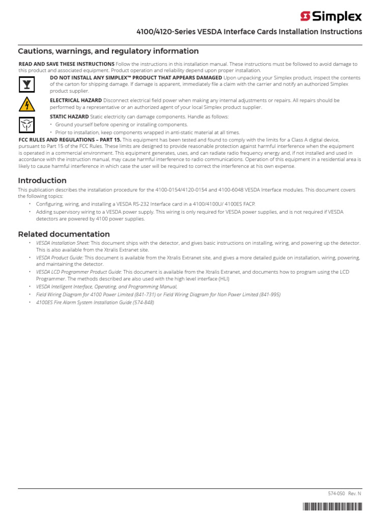 Cautions, Warnings, and Regulatory Information: 4100/4120-Series VESDA ...