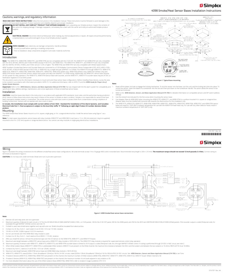Cautions, Warnings, and Regulatory Information: 4098 Smoke/Heat Sensor ...