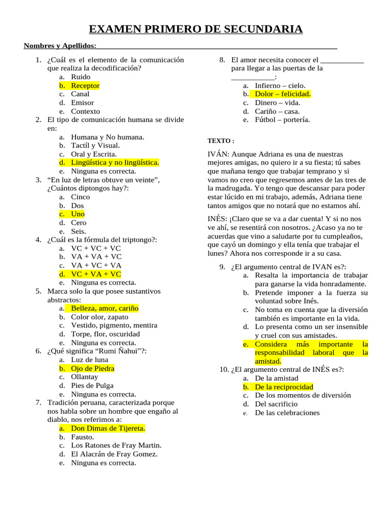 Examen 1ro Secundaria | PDF