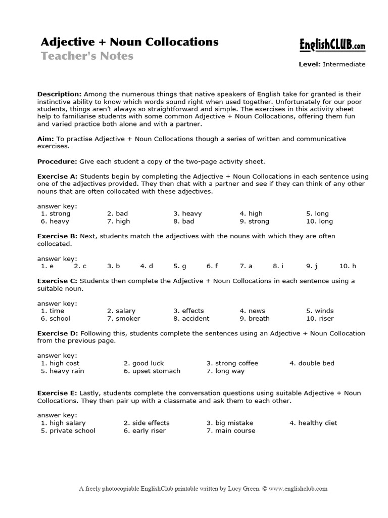 Collocations Adjective Noun Teacher | PDF