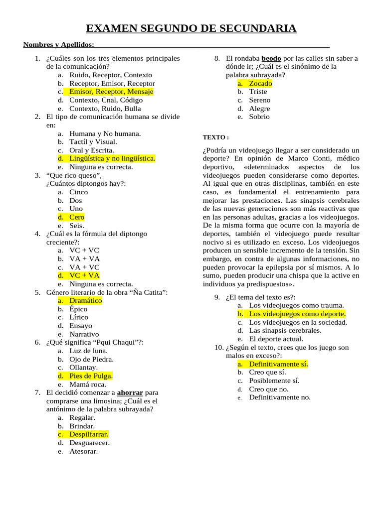 Examen 2do Secundaria | PDF