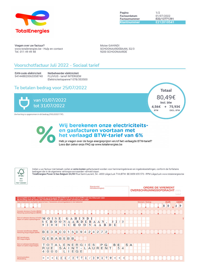 Voorschotfactuur Juli 2022 Voorschotfactuur Juli 2022 - Sociaal Tarief Sociaal Tarief | PDF