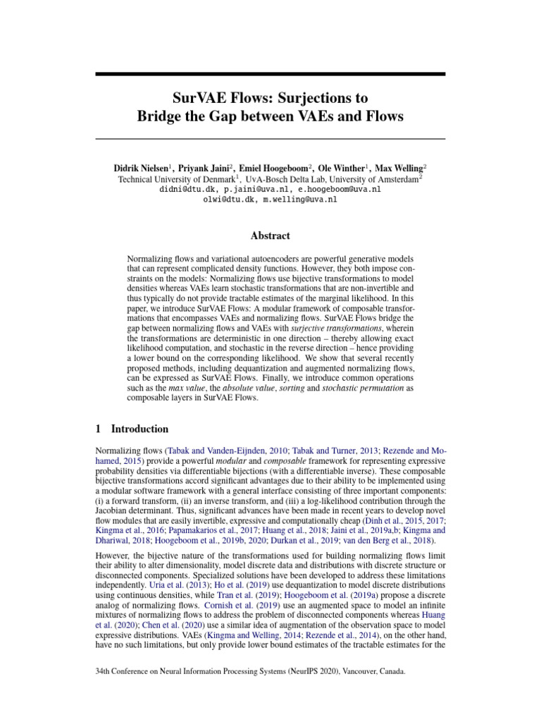 SurVAE Flows, Surjections To Bridge The Gap Between VAEs and Flows | PDF