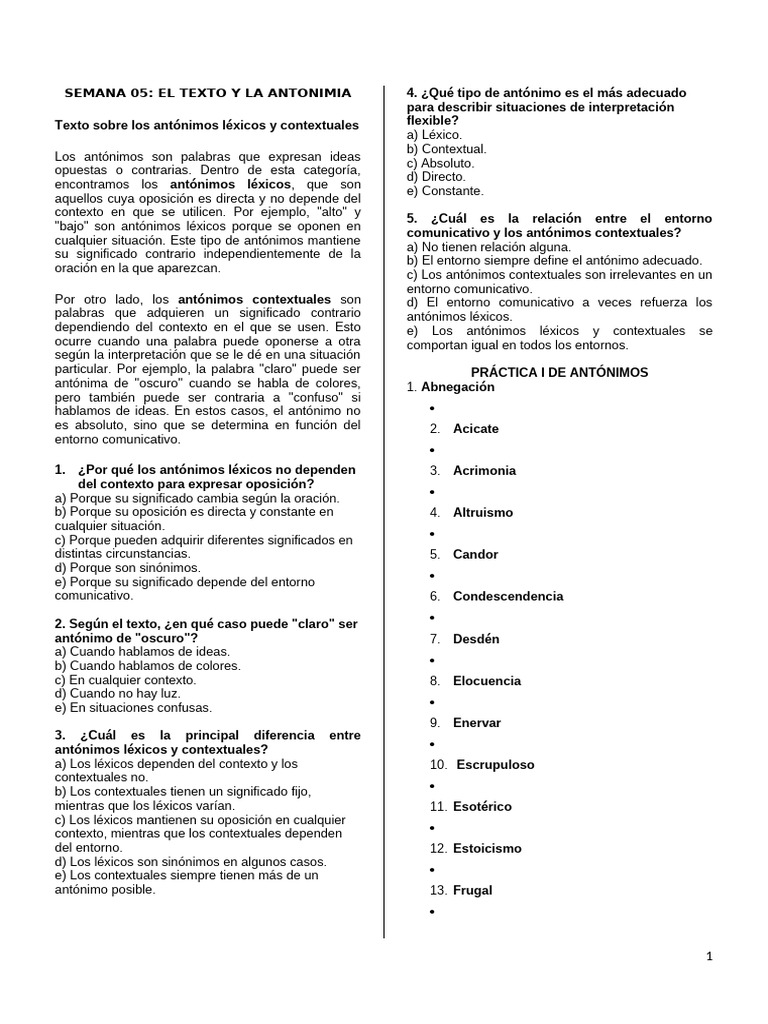 Semana 05 Textos y Antonimia | PDF