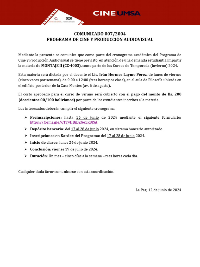 COMUNICADO 007/2004 Programa de Cine Y Producción Audiovisual | PDF
