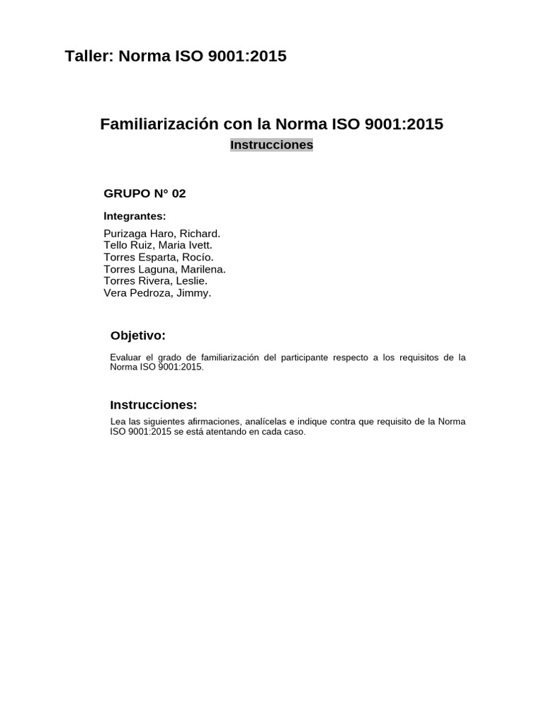 Taller 2 Familiarización de La Norma ISO 9001 | PDF