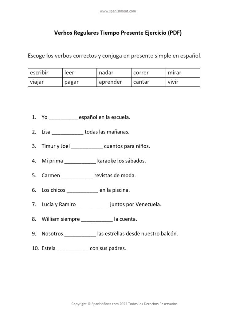 Verbos Regulares Tiempo Presente Ejercicio | PDF