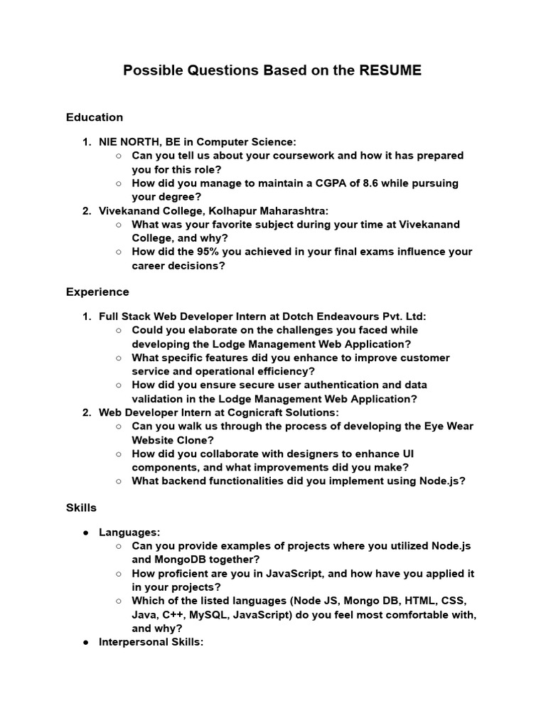 Possible Questions Based On The RESUME | PDF