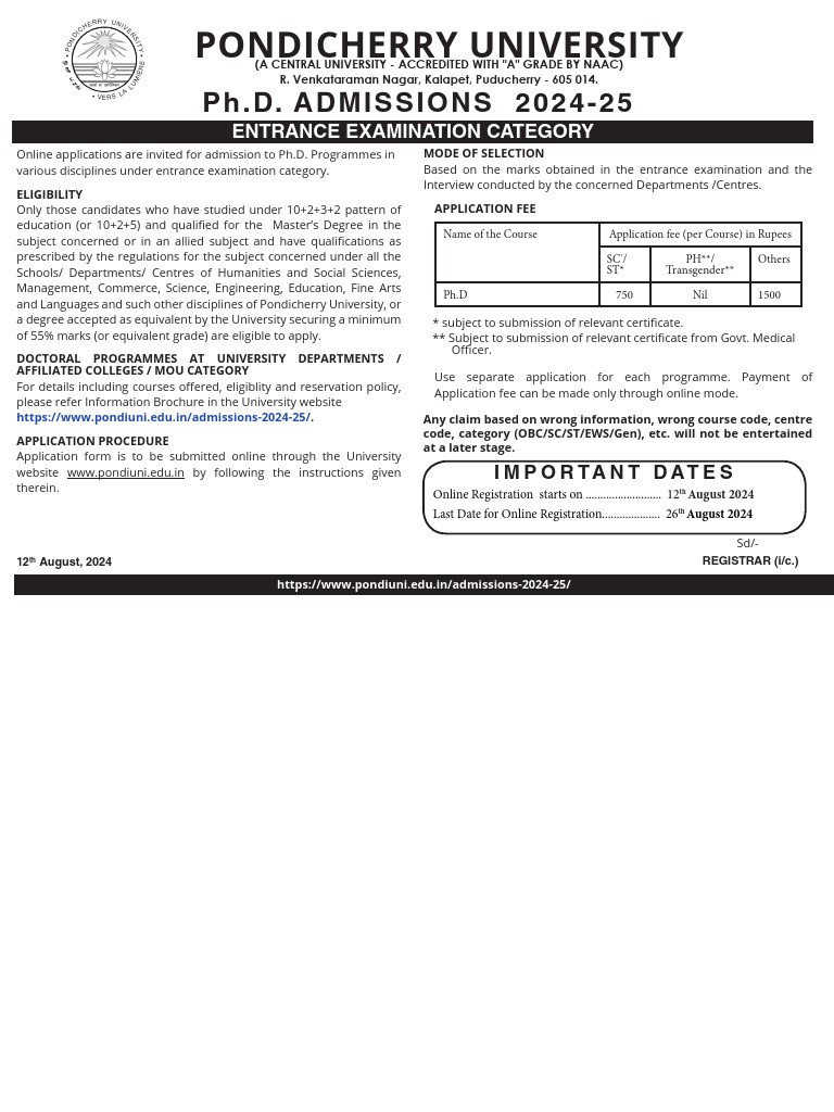 Notification PH.D Admission 12.8 Revised | PDF
