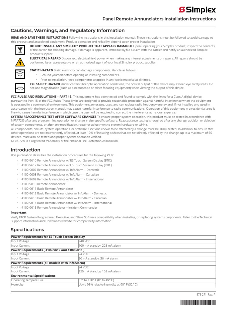 Cautions, Warnings, and Regulatory Information: Panel Remote ...