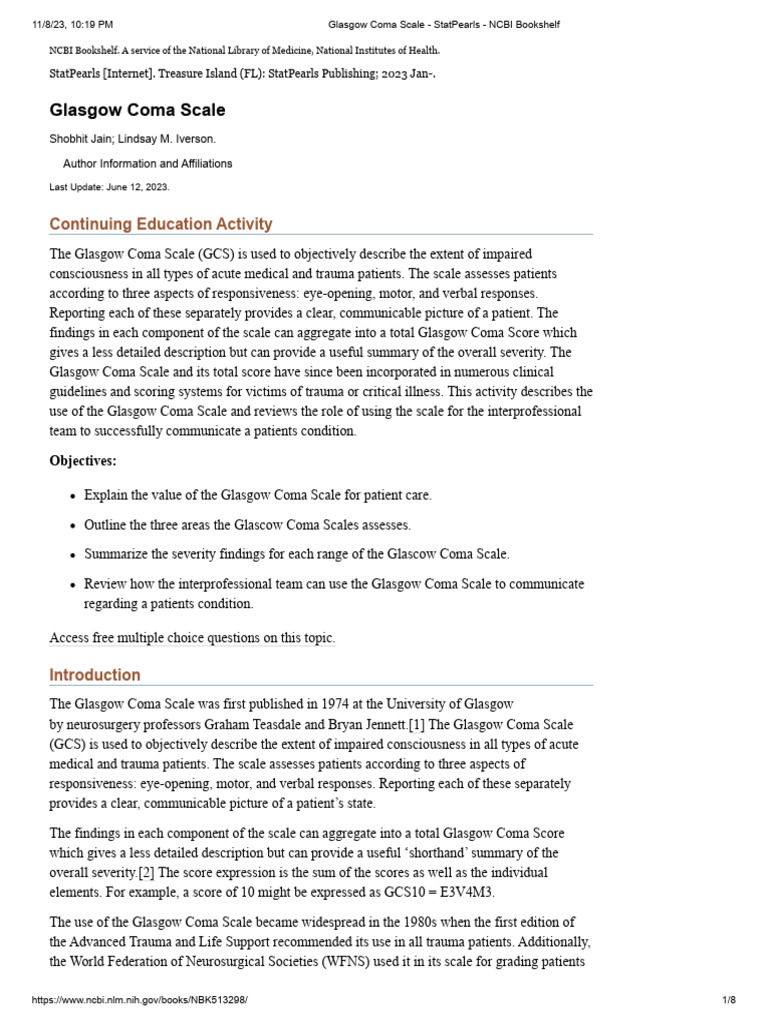 Glasgow Coma Scale - StatPearls - NCBI Bookshelf | PDF