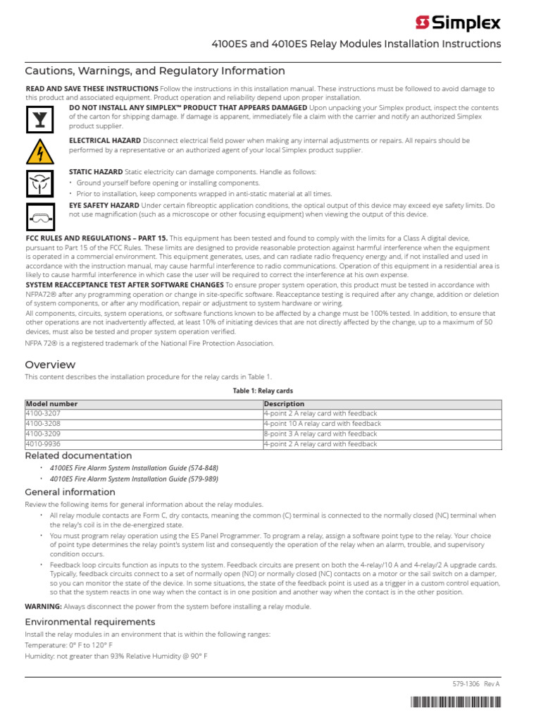 Cautions, Warnings, and Regulatory Information: 4100ES and 4010ES Relay ...