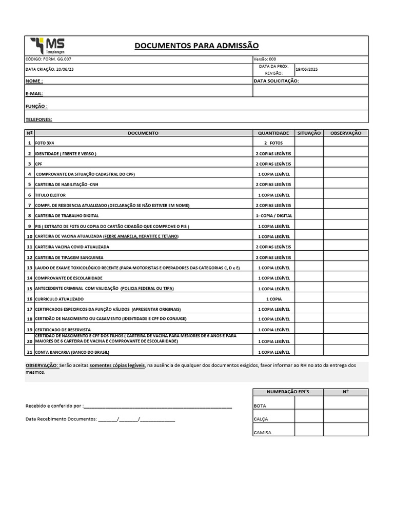 Documentos Necessarios para Admissão | PDF