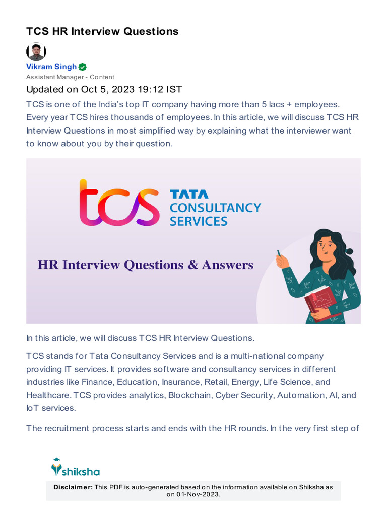TCS HR Interview Questions: Updated On Oct 5, 2023 19:12 IST | PDF