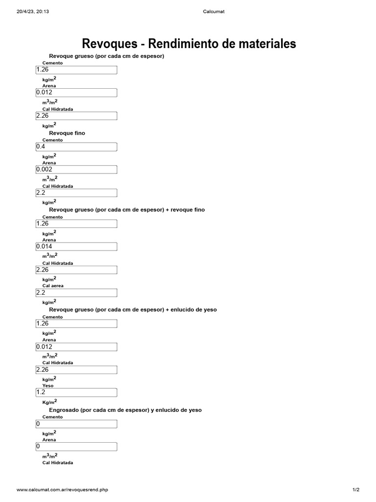 Rendimiento de Revoques y Materiales de Construcción | PDF