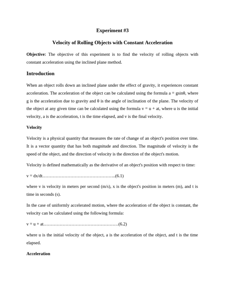 Rolling Objects Velocity Experiment | PDF | Acceleration | Velocity