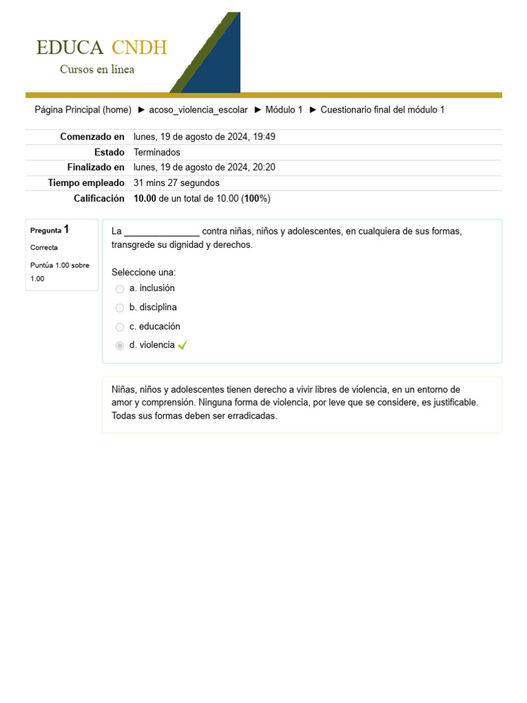 Cuestionario Final Del Módulo 1 Acoso Violencia Escolar Pdf