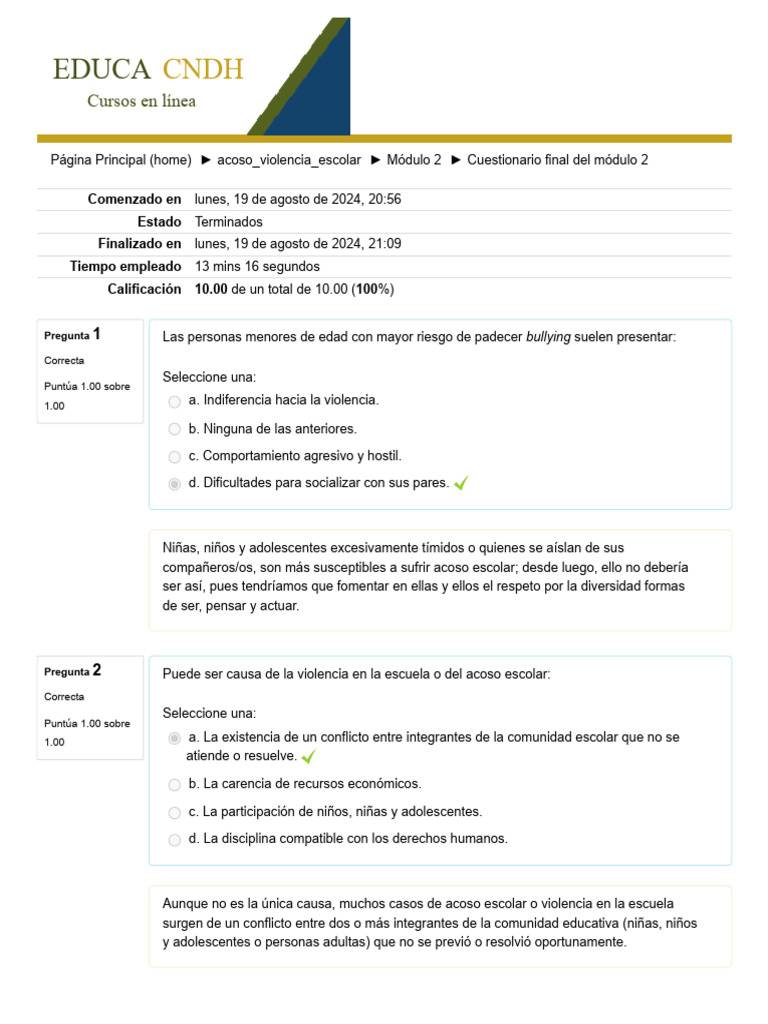 Cuestionario Final Del Módulo 2 Acoso Violencia Escolar | PDF