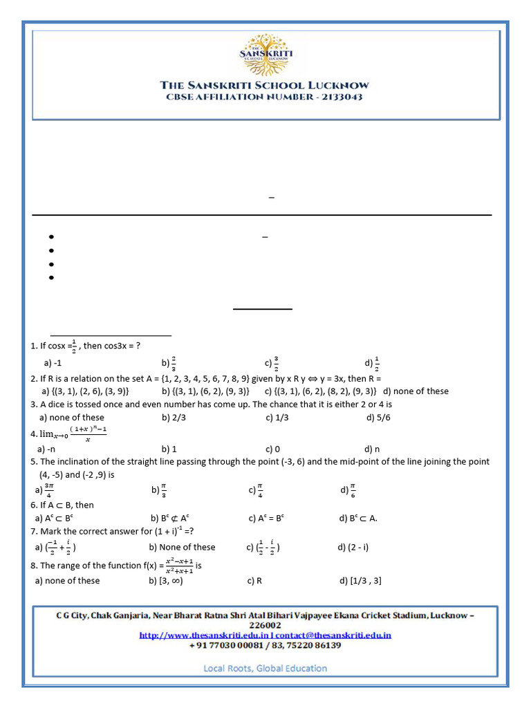 CLASS XI MATHS QUESTION PAPER, SET-1 - For Merge | PDF