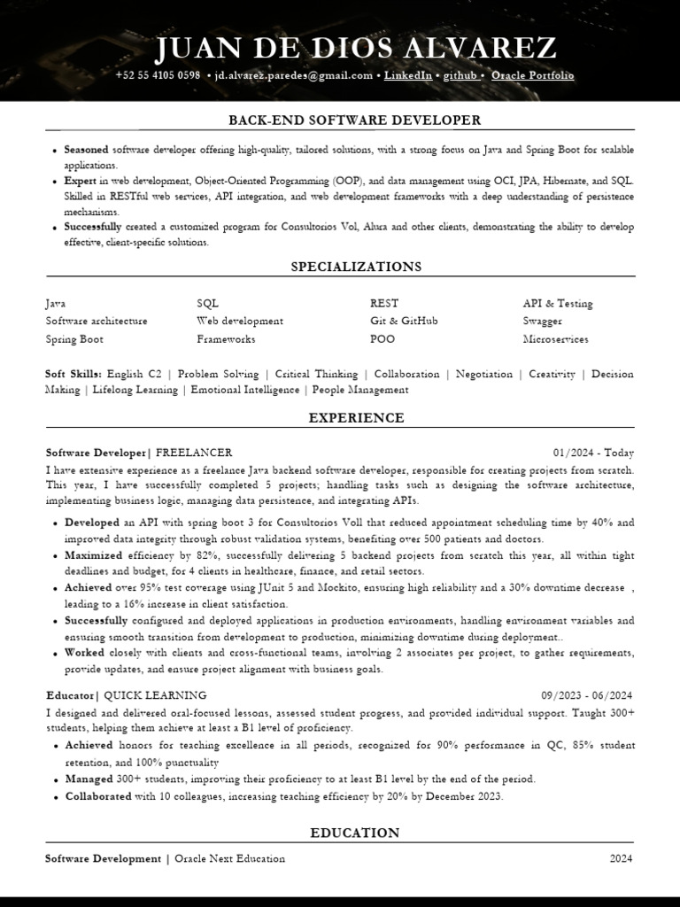 Juan de Dios Alvarez CV ENGLISH PDF | PDF | Bibliotecas de computadoras | Desarrollo de software