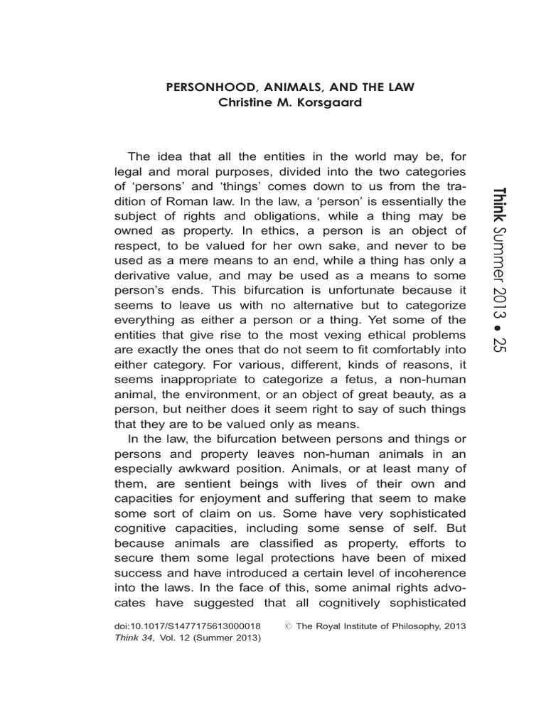Korsgaard, C. M. (2013) - PERSONHOOD, ANIMALS, AND THE LAW | PDF ...