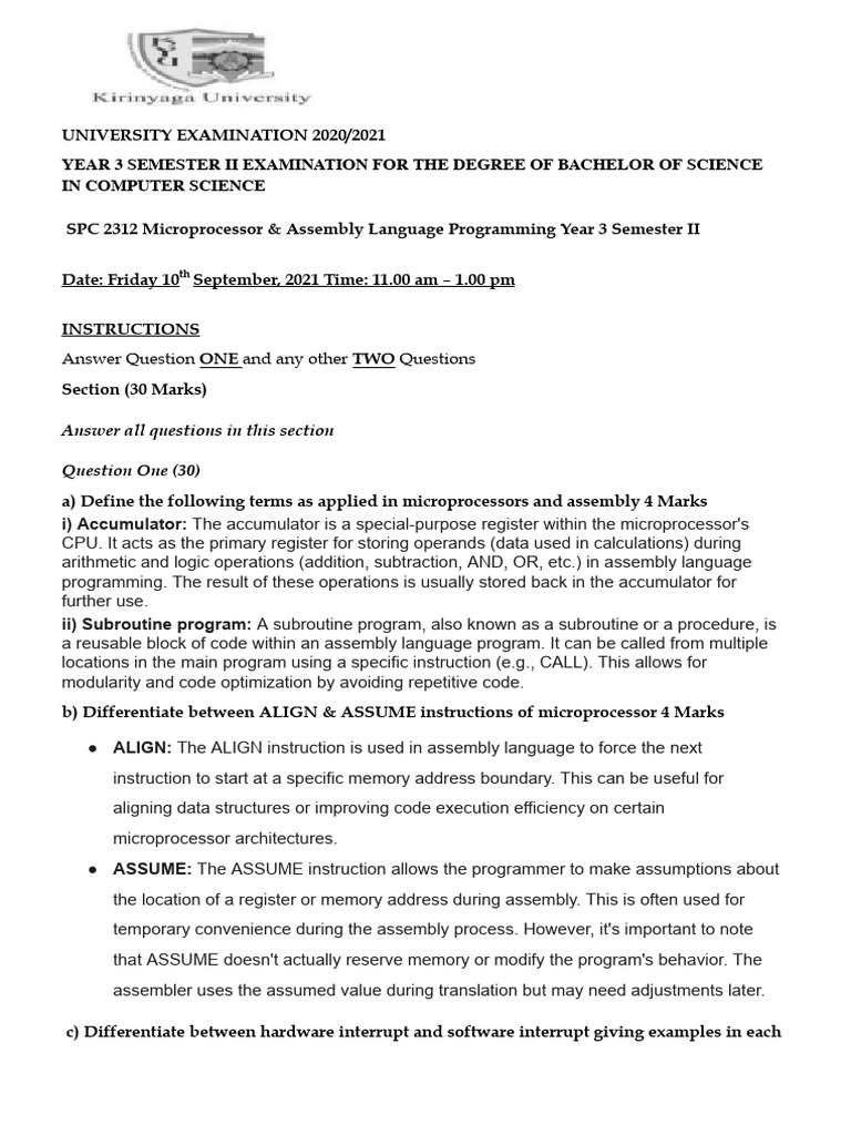 ANSWERS 1 Microprocessor & Assembly Language Programming Year 3 Semester II | PDF | Digital ...