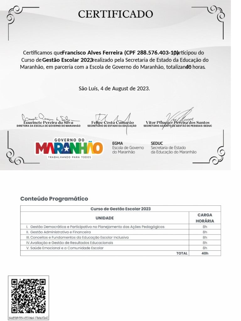 Gestão Escolar 2023-Certificado 12368 | PDF