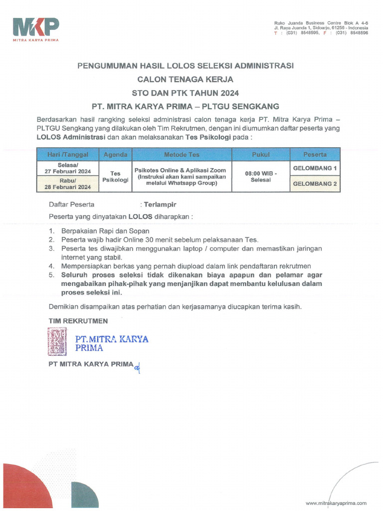 Pengumuman Hasil Lolos Administrasi MKP Pltgu Sengkang - 2024 | PDF