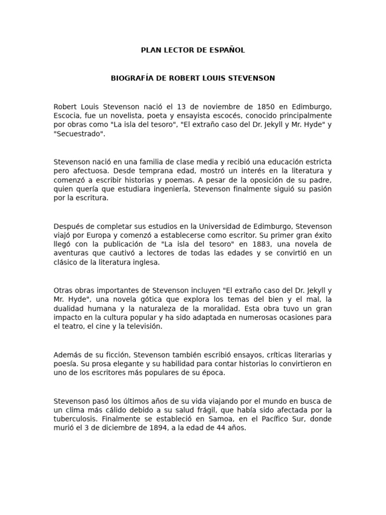 Biografía de Robert Louis Stevenson | PDF