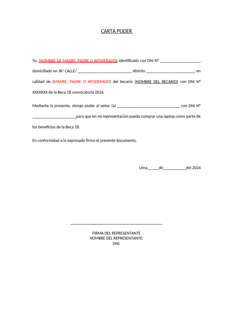 Carta Poder Simple - Apoderado o Representante (Becario Menor de Edad) | PDF