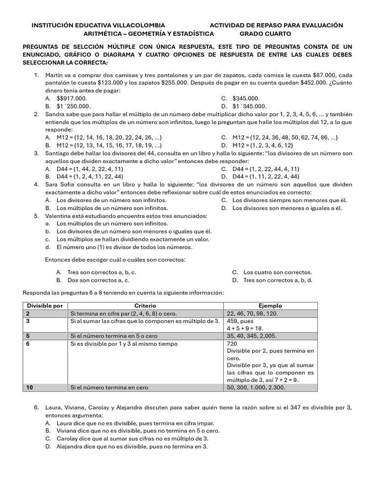 Repaso para Examen de 4to | PDF